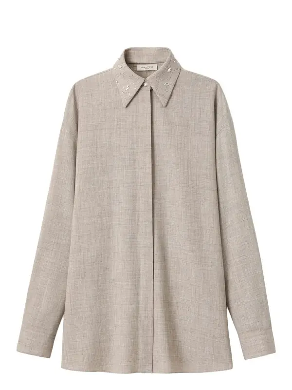 Lafayette 148 New York Wool Silk Shirt With Swarovski Crystals - Taupe Multi