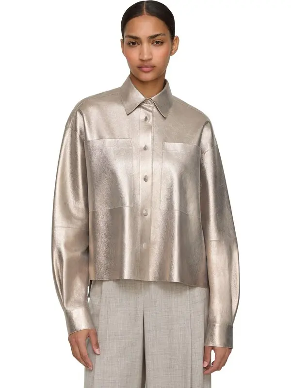 Lafayette 148 New York Metallic Suede Boyfriend Shirt - Natural Metallic