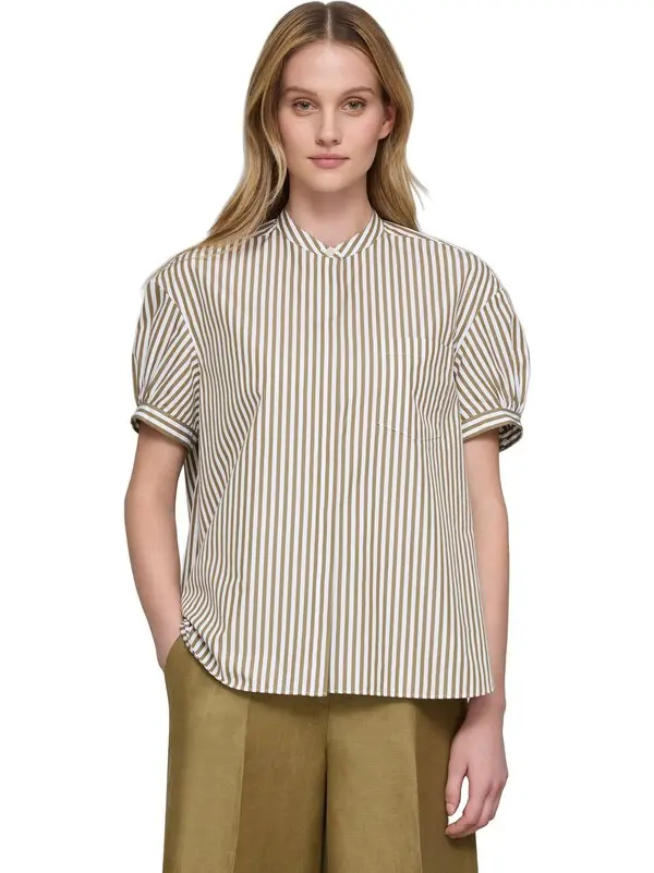 Lafayette 148 New York Striped Cotton Shirt With Puff Sleeves - Khaki Green Multi