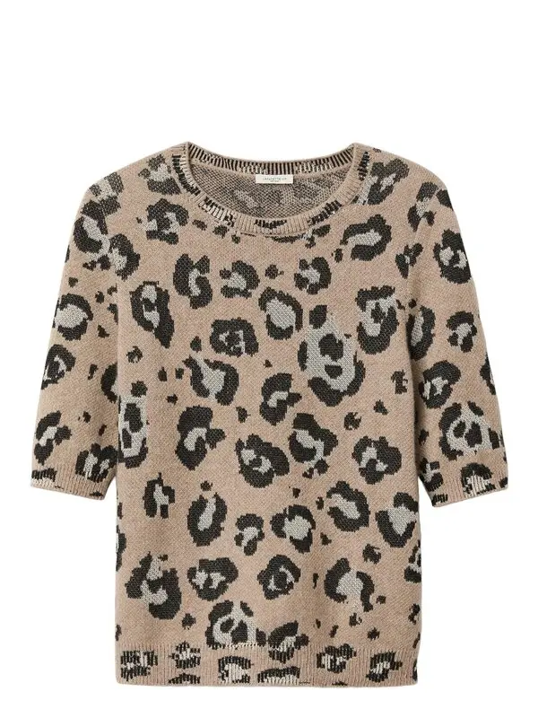 Lafayette 148 New York Leopard Jacquard Cashmere Crewneck Sweater - Hickory Multi