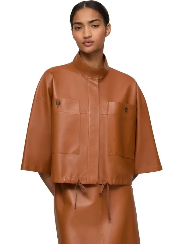 Lafayette 148 New York Nappa Leather Oversized Cropped Shirt Jacket - Copper