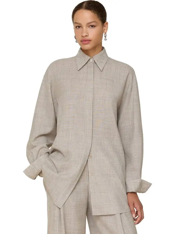 Lafayette 148 New York Wool-silk Shirt With Swarovski Crystals - Taupe Multi