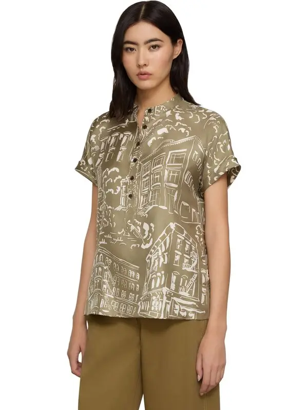 Lafayette 148 New York Landmarks Print Silk Twill Henley Blouse - Khaki Green Multi