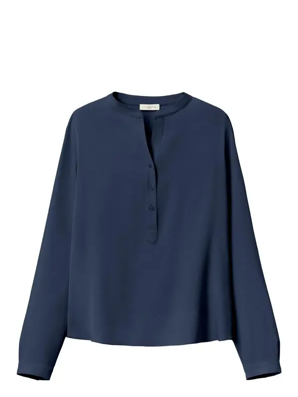 Lafayette 148 New York Organic Silk Stretch Georgette Henley Blouse - Blue Ink