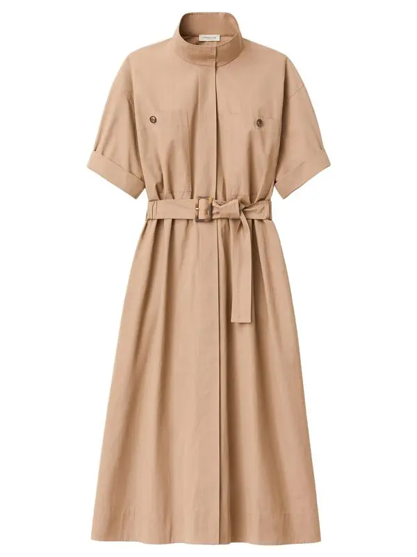 Lafayette 148 New York Organic Cotton Poplin Belted Shirt Dress - Brownstone