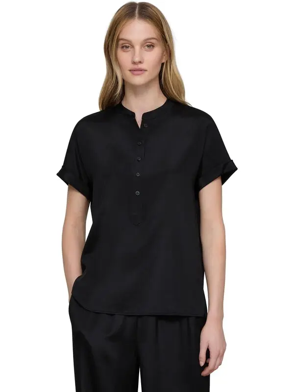 Lafayette 148 New York Organic Silk Stretch Georgette Henley Blouse - Black