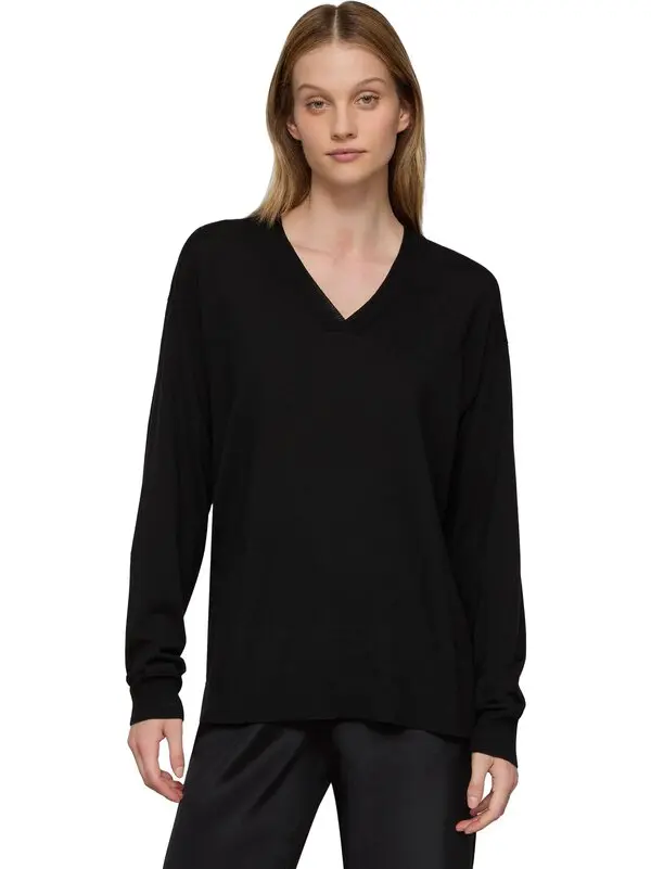 Lafayette 148 New York Washable Merino Wool V-neck Sweater - Black