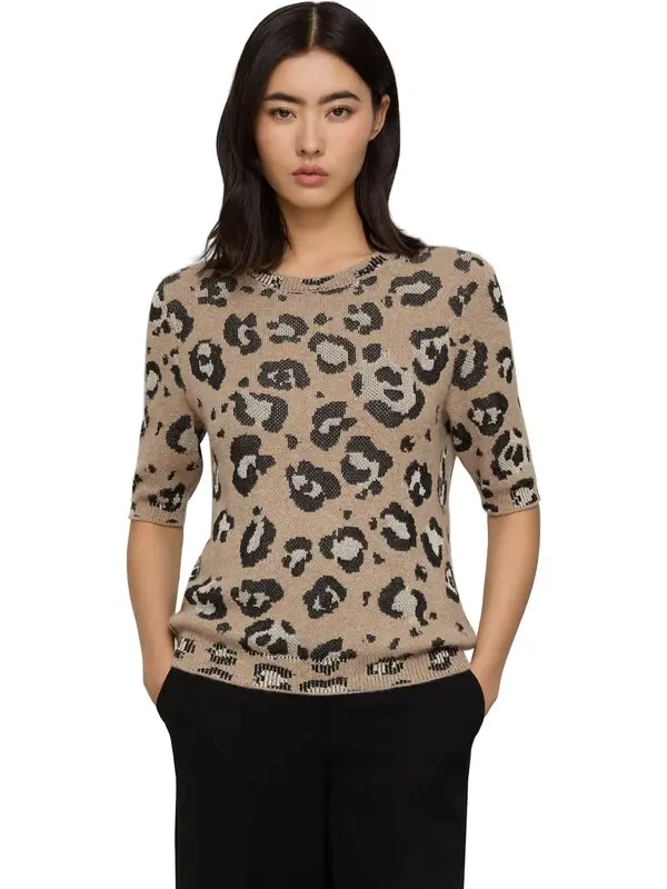 Lafayette 148 New York Leopard Cashmere Crewneck Sweater - Hickory Multi