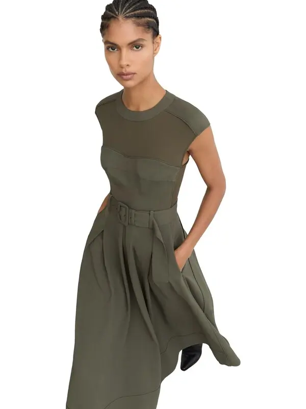 REISS Ava Mesh-panel Belted Pleated Midi Dress - Khaki Green