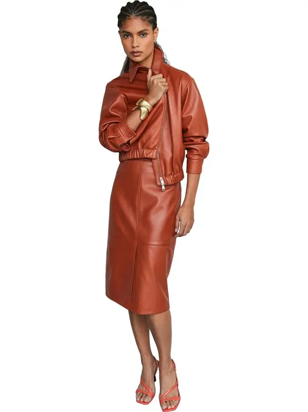 REISS Miley Leather Midi Pencil Skirt - Rust Orange
