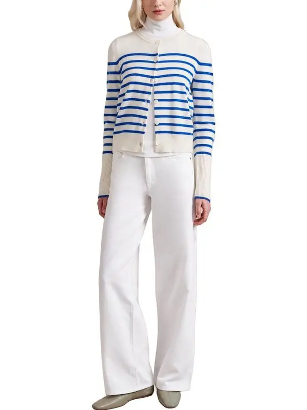 LA LIGNE Striped Lean Lines Cashmere Cardigan - Cream/cobalt