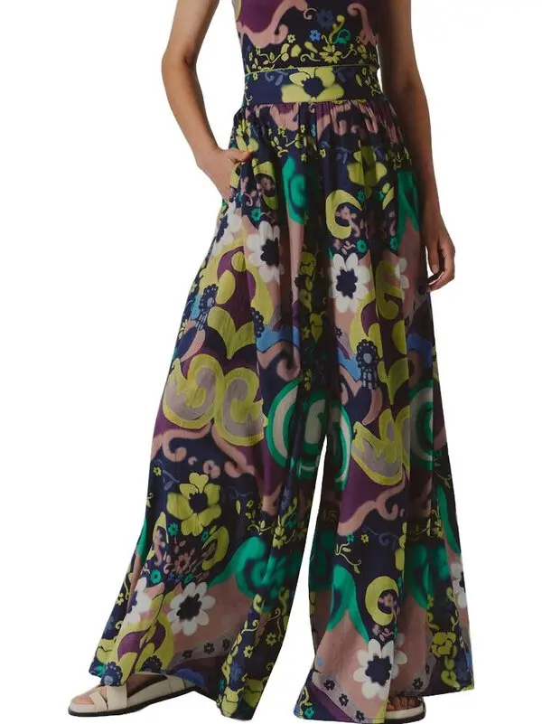 DE LORETA High Waist Wide Leg Cotton Pants - Papalote Print