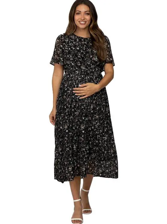 PINKBLUSH Floral Pleated Chiffon Midi Dress - Black