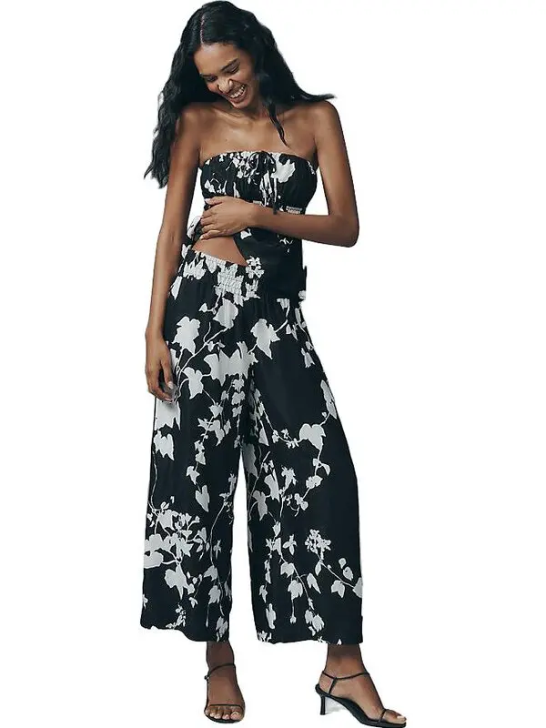 THE SOMERSET COLLECTION BY ANTHROPOLOGIE Floral Print Pants With Smocked Waist - Black & White Pattern
