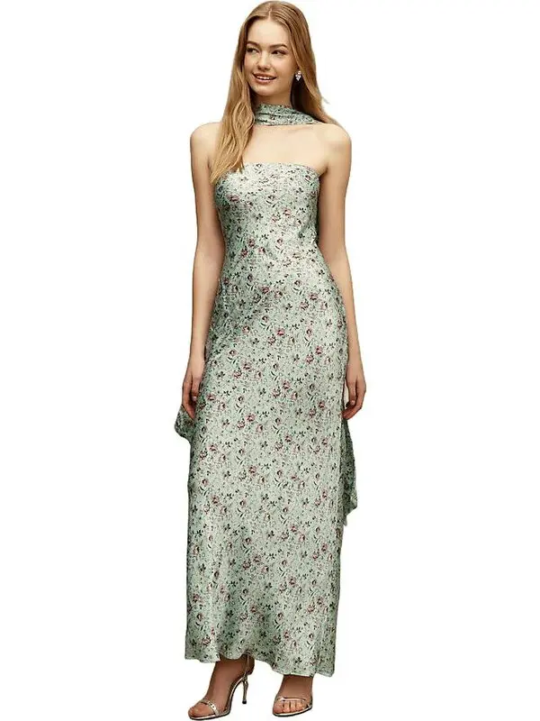 Bhldn Nesta Strapless Satin Scarf Maxi Dress - Mint Ditsy Antique Floral