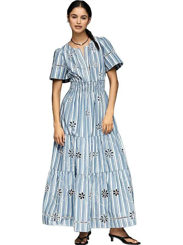 THE SOMERSET COLLECTION BY ANTHROPOLOGIE Cotton Embroidered Eyelet Maxi Dress - Blue & White Stripe