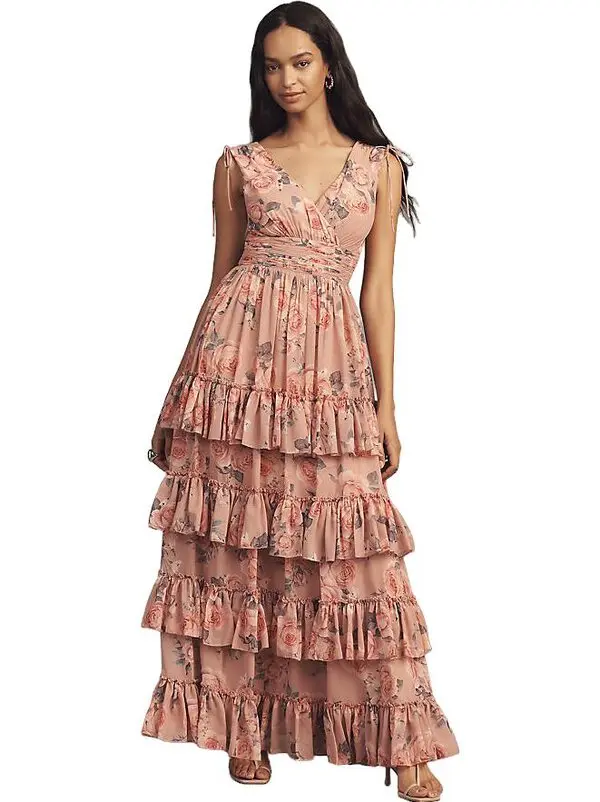 Mac Duggal Sleeveless Tiered Maxi Dress - Pink
