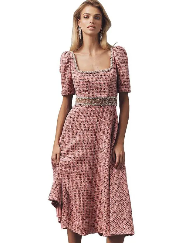 Mac Duggal Ieena For Tweed Square-neck Midi Dress - Pink