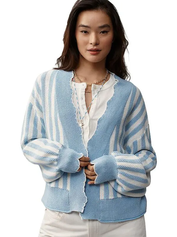 Anthropologie Waffle-knit Scalloped Cardigan Sweater - Blue