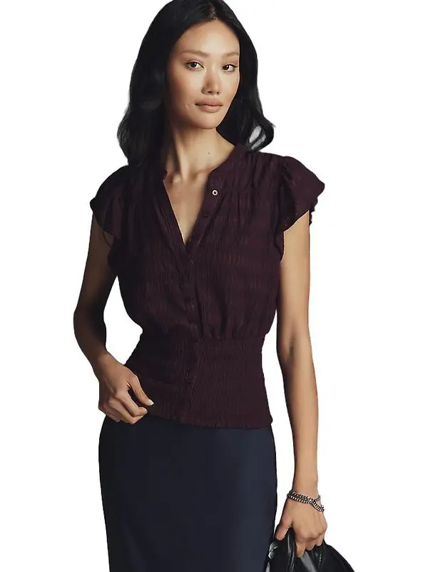 Maeve Market Day Waisted Short-sleeve Top - Aubergine