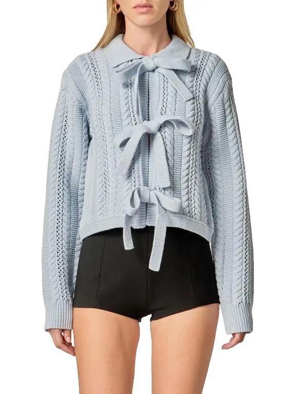 English Factory Cable Bow Cardigan - Light Blue