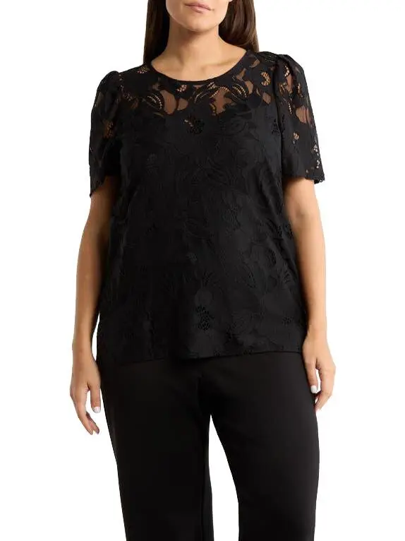 Anne Klein Lace Top With Puff Sleeves - Anne Black