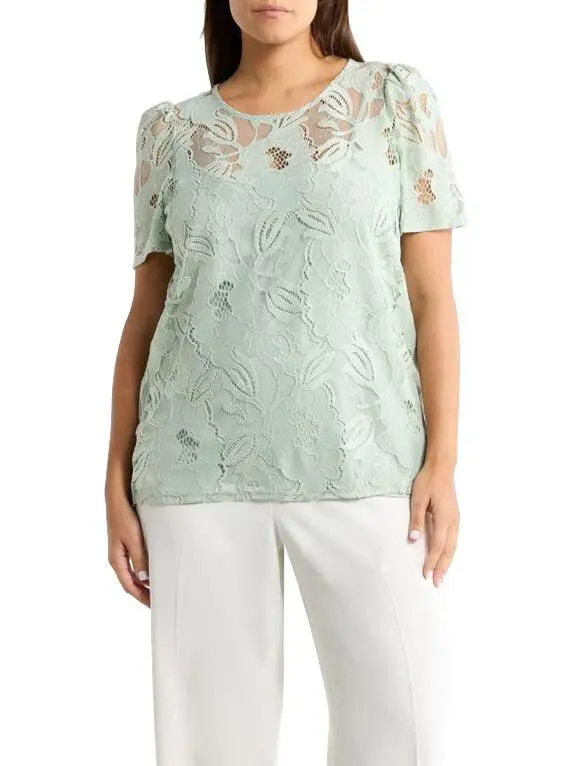 Anne Klein Lace Top With Puff Sleeves - Soft Aloe