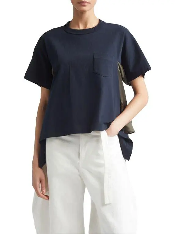 Sacai Mixed Media Jersey And Satin T-shirt - Navy/khaki