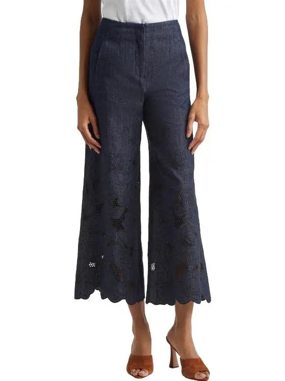 Veronica Beard Osborne Wide-leg Eyelet Pants - Indigo Rinse