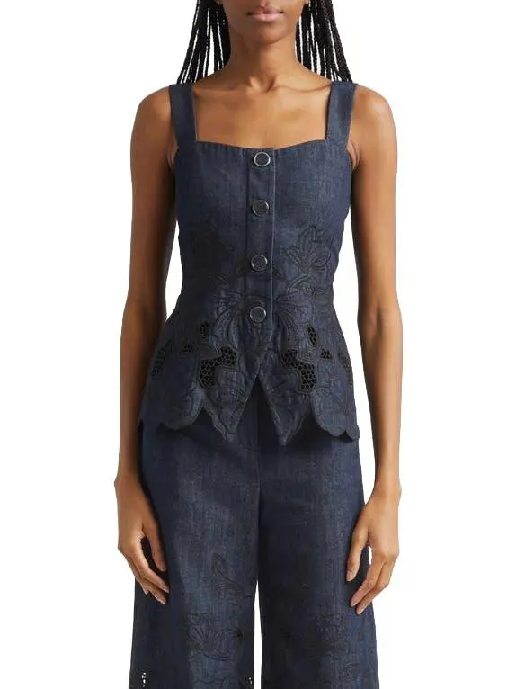 Veronica Beard Mirielle Eyelet Chambray Top - Indigo Rinse