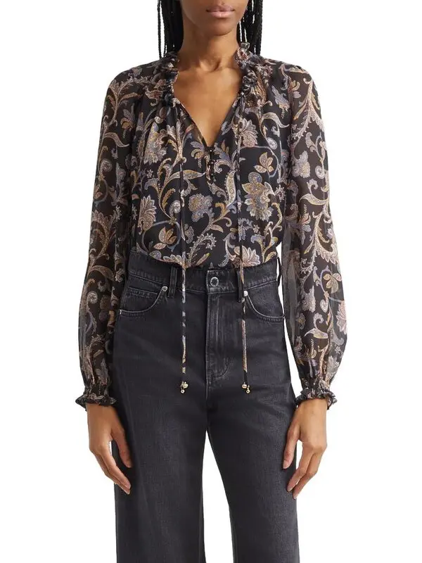 Veronica Beard Hickory Paisley Silk Blouse - Black Multi