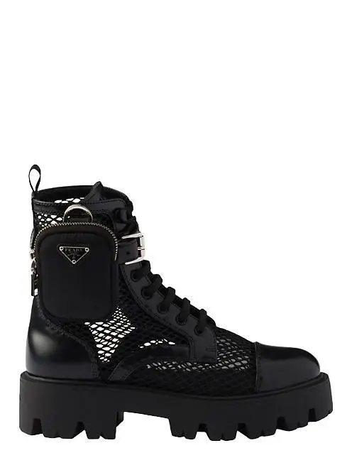Prada Mesh And Leather Ankle Boots - Black