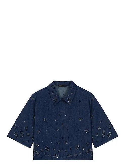 Maje Bead-embellished Cropped Denim Shirt - Navy