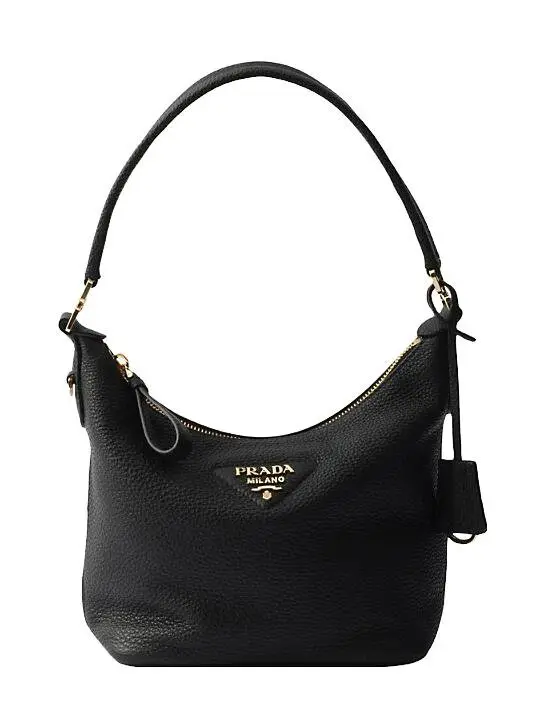 Prada Logo-embroidered Leather Shoulder Bag - Black