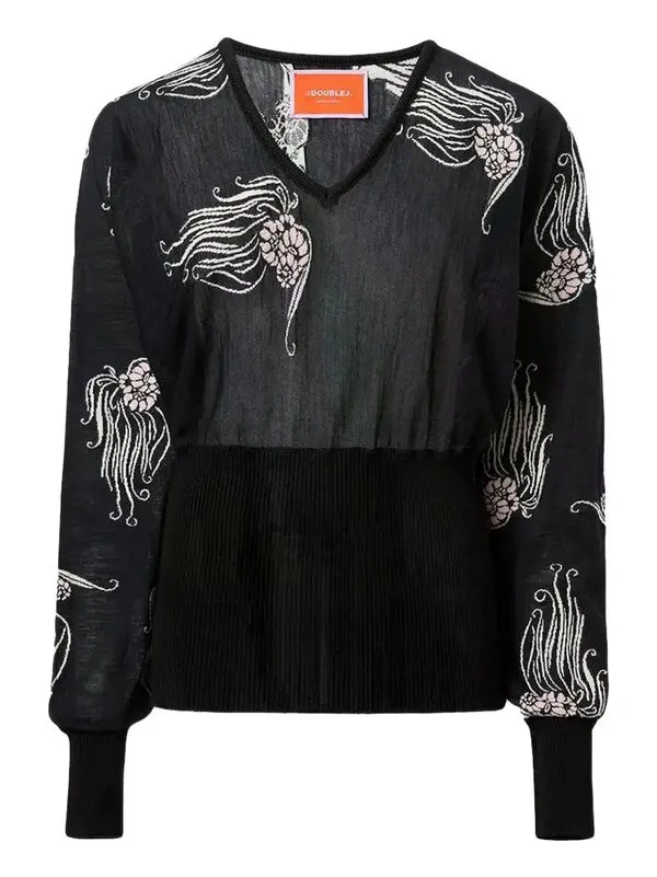La DoubleJ Floral Print V-neck Sweater - Black