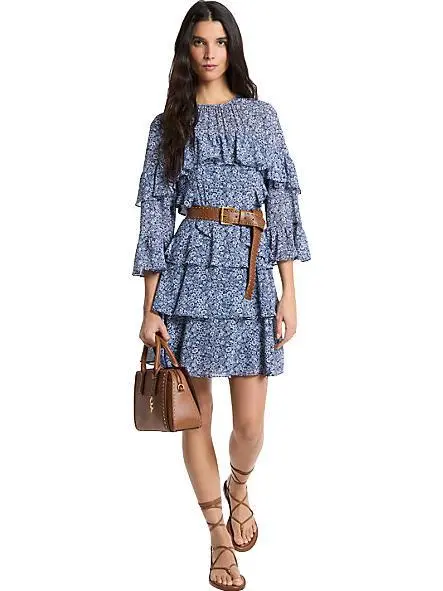 Michael Kors Floral Print Georgette Ruffle Mini Dress - Blue