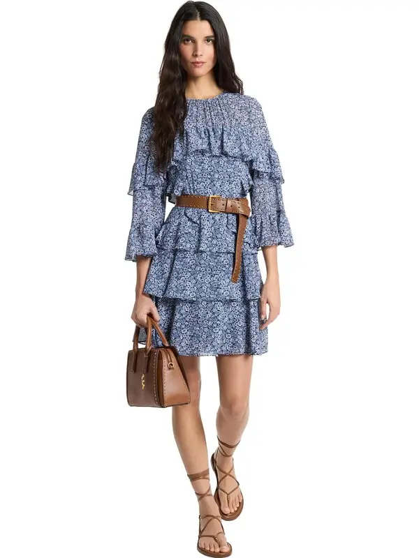 Michael Kors Floral Print Georgette Ruffle Mini Dress - Blue