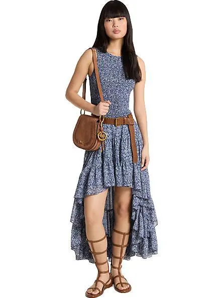 Michael Kors Smocked Floral Print High-low Georgette Dress - Blue