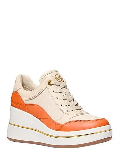 Michael Kors Emmy Leather And Canvas Wedge Trainer - Orange