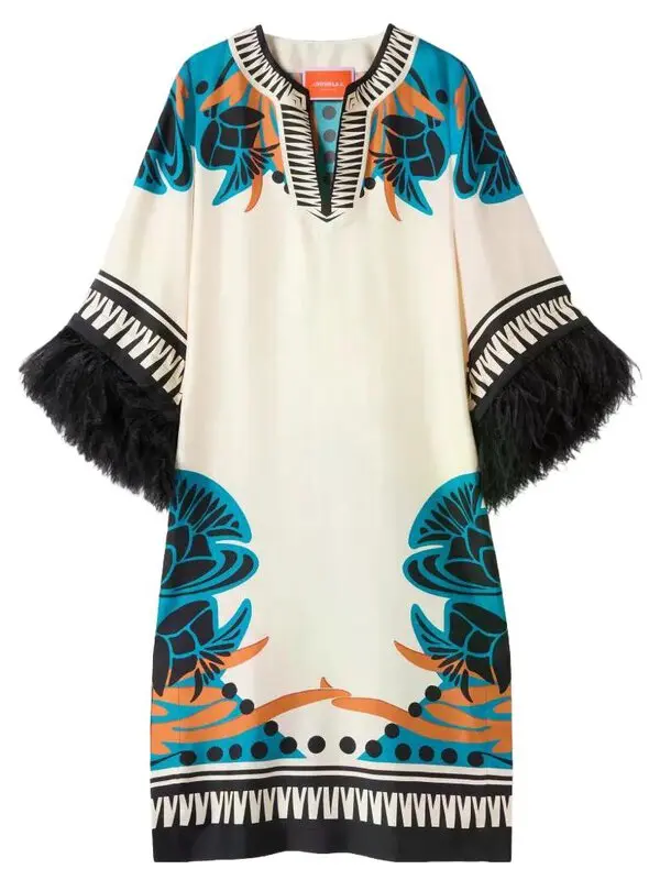 La DoubleJ Floral Feather-trimmed Kaftan Midi Dress - Neutrals