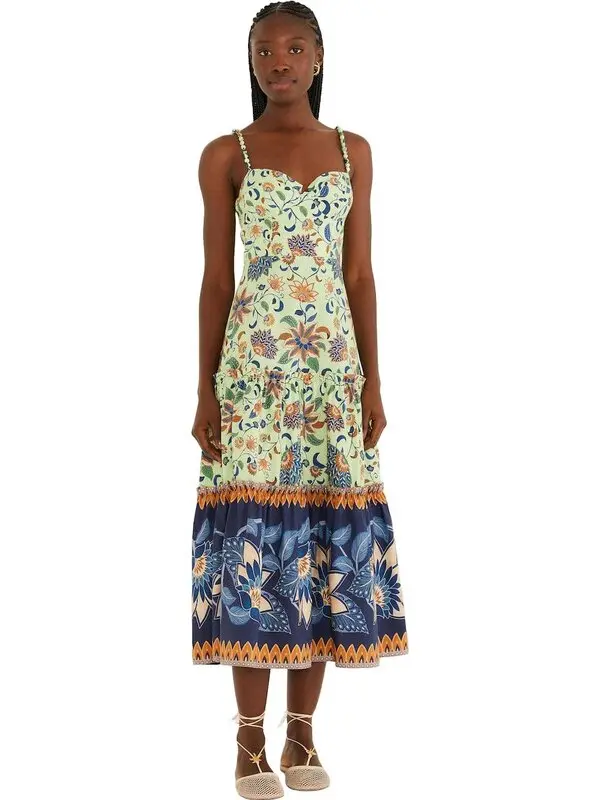 Farm Rio Floral Tapestry Beaded Strap Midi Dress - Floral Delhi Tapestry Light Green
