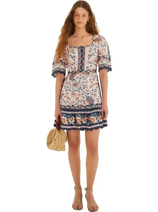 Farm Rio Floral Delhi Tapestry Scallop Cut-out Mini Dress - Floral Delhi Tapestry Light Pink