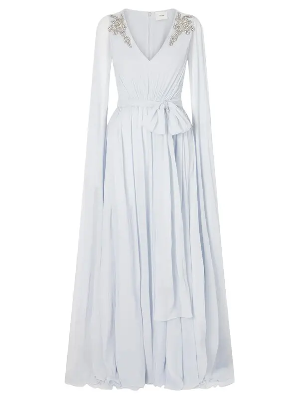 Erdem Belted Cape-effect Crystal-embroidered Silk-crepon Gown - Blue