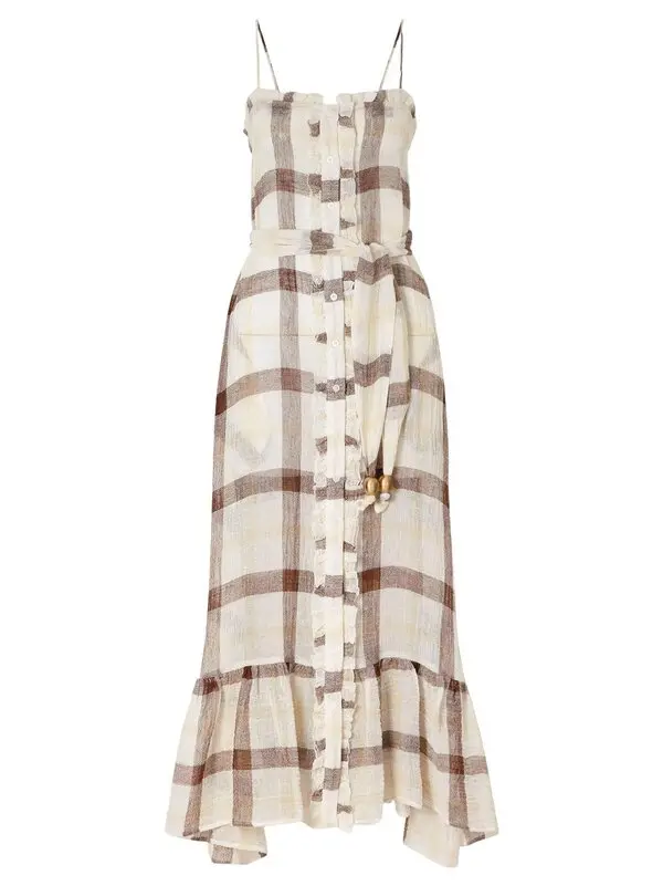 Lisa Marie Fernandez Belted Embellished Tiered Ruffled Checked Linen-blend Gauze Maxi Dress - Multi
