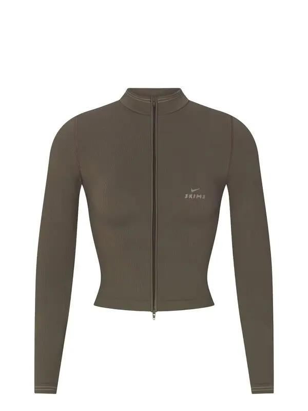SKIMS Ribbed Seamless Zip Up Cropped Jacket - Dusty Oakmoss