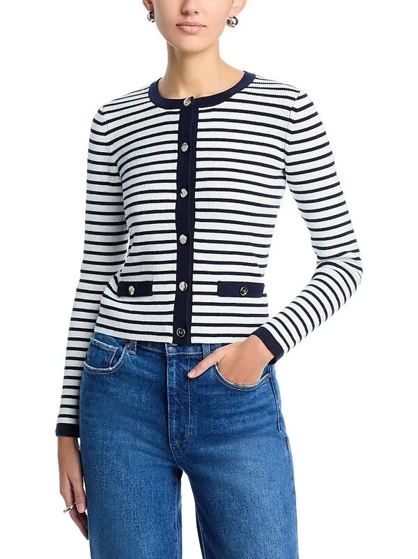 Elie Tahari The Sabella Striped Cotton Blend Cardigan - Sky White/navy