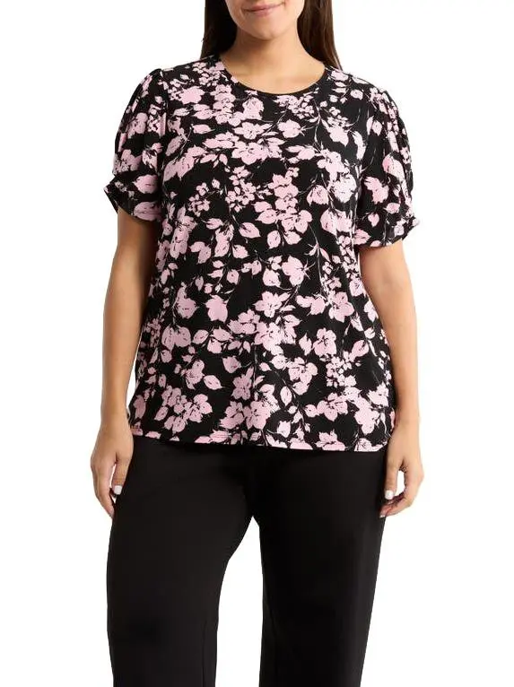 Anne Klein Printed Pleat Short Sleeve Top - Anne Black/peony Pink