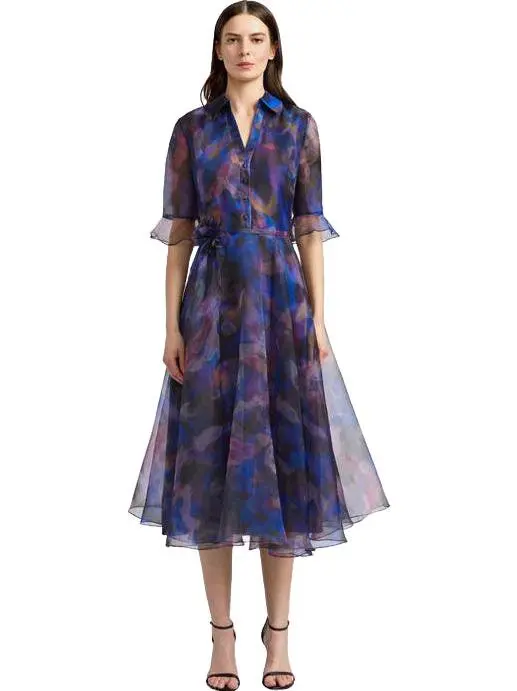 Theia Colette Printed Organza Shirtdress - Shadow Aura