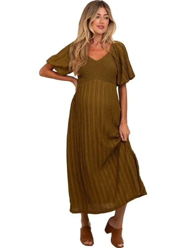 PINKBLUSH Smocked V-neck Midi Dress - Olive Green