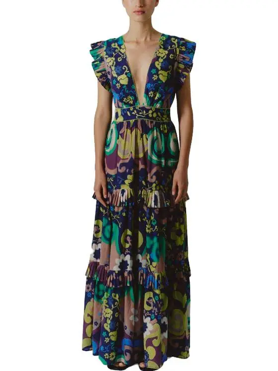 DE LORETA Cora Pleated Hem Cotton Maxi Dress - Papalote Print